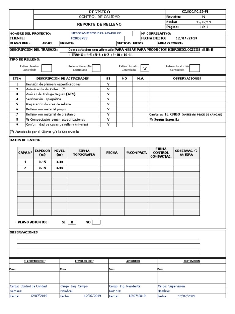 PROTOCOLO Reporte de Relleno | PDF
