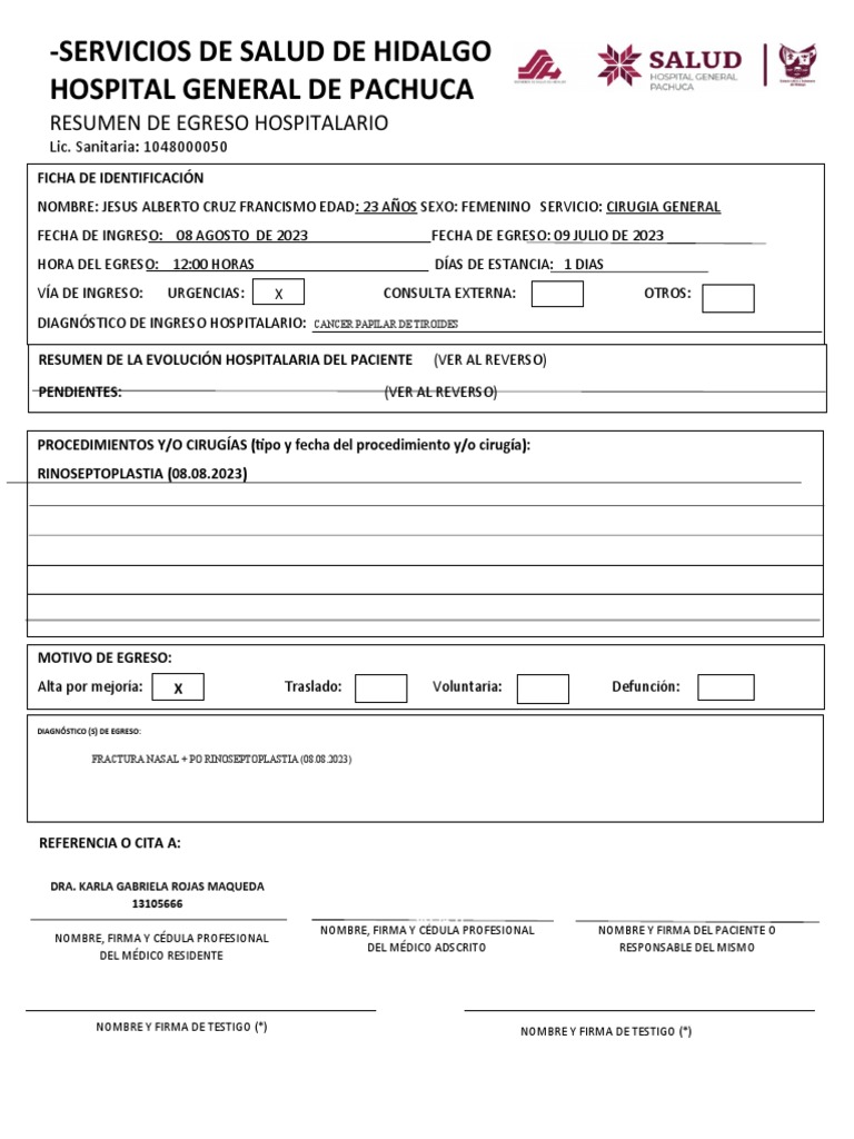 Resumen de Alta Hospitalaria | PDF | Medicina | Especialidades Medicas