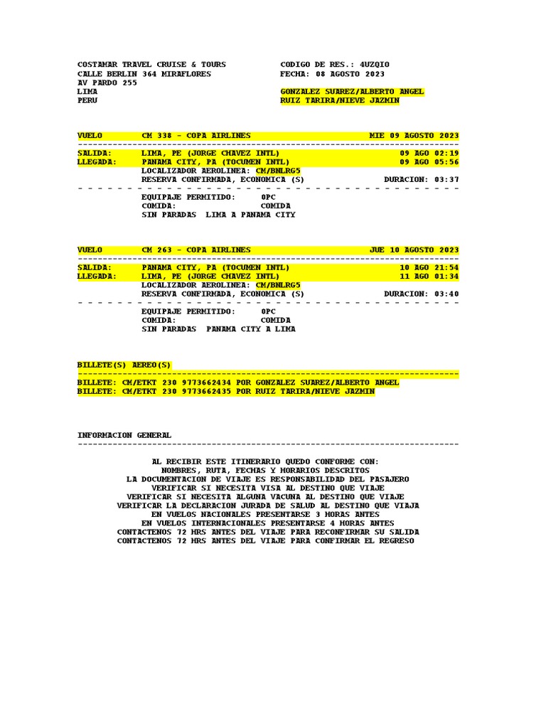 Itinerario de Vuelo Lima-Panamá 2023 | PDF | Tecnología