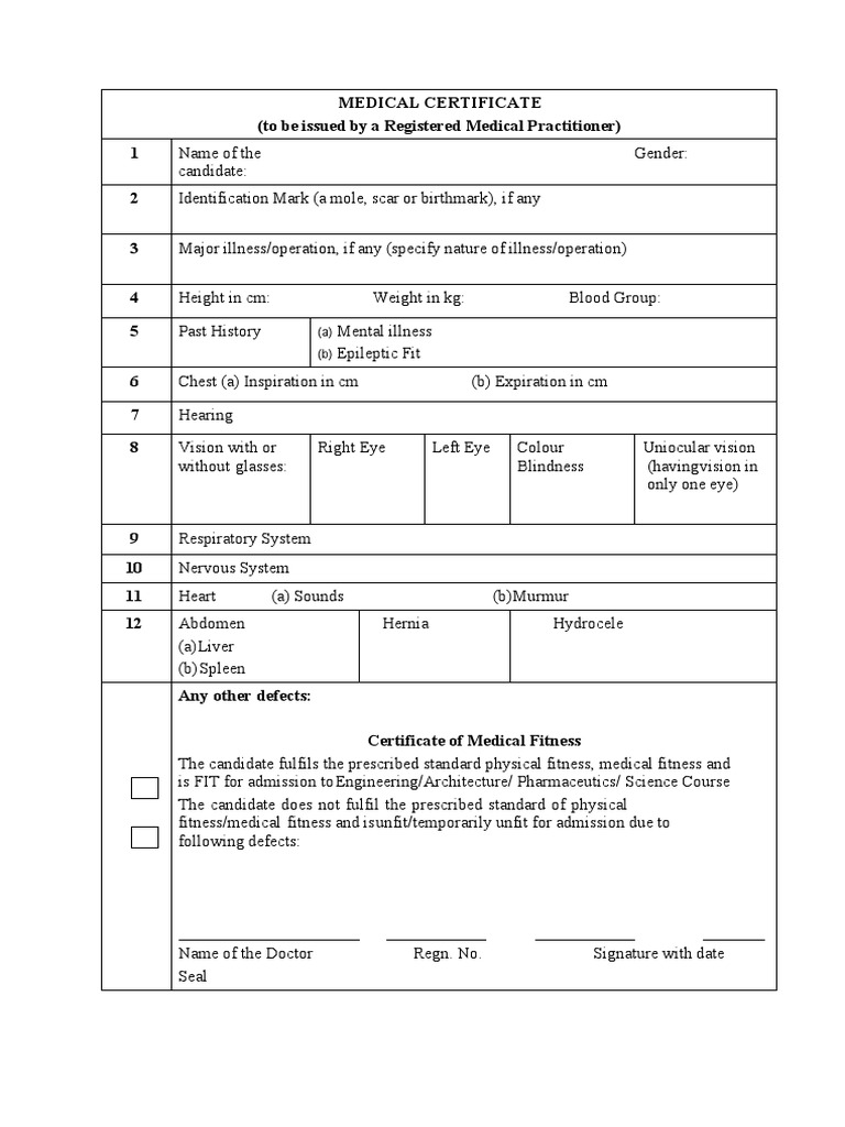 Medical Certificate Format for Admission | PDF