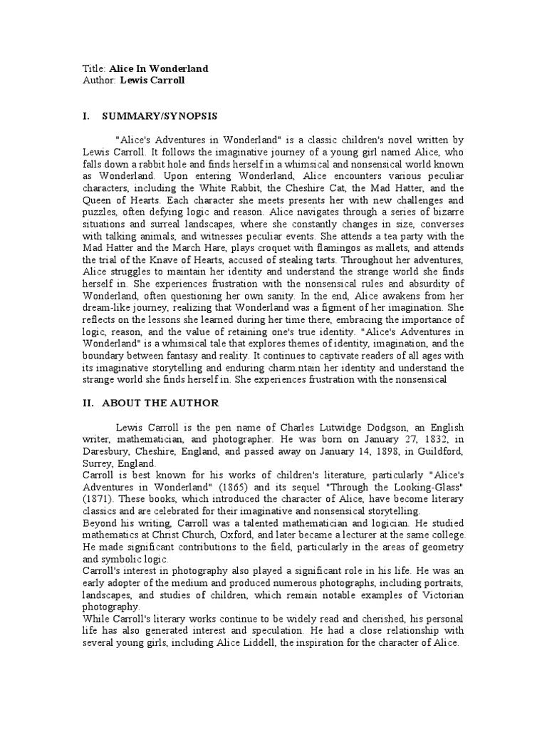 Alice in Wonderland Literary Analysis | PDF | Through The Looking Glass ...