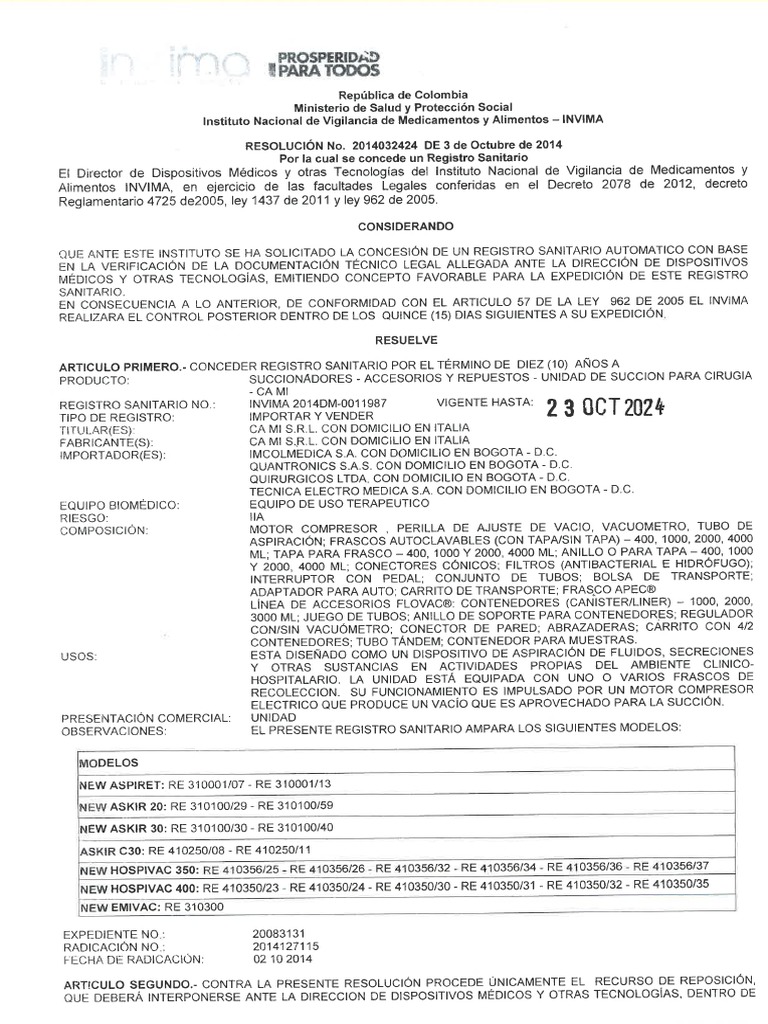 Invima 2014dm-0011987 Succionadores CA Mi y Repuestos (1) | PDF