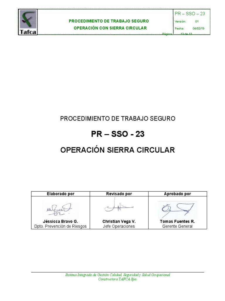 PR-SSO - 23 Procedimiento Sierra Circular | PDF | Seguridad y salud ocupacional | Soldadura