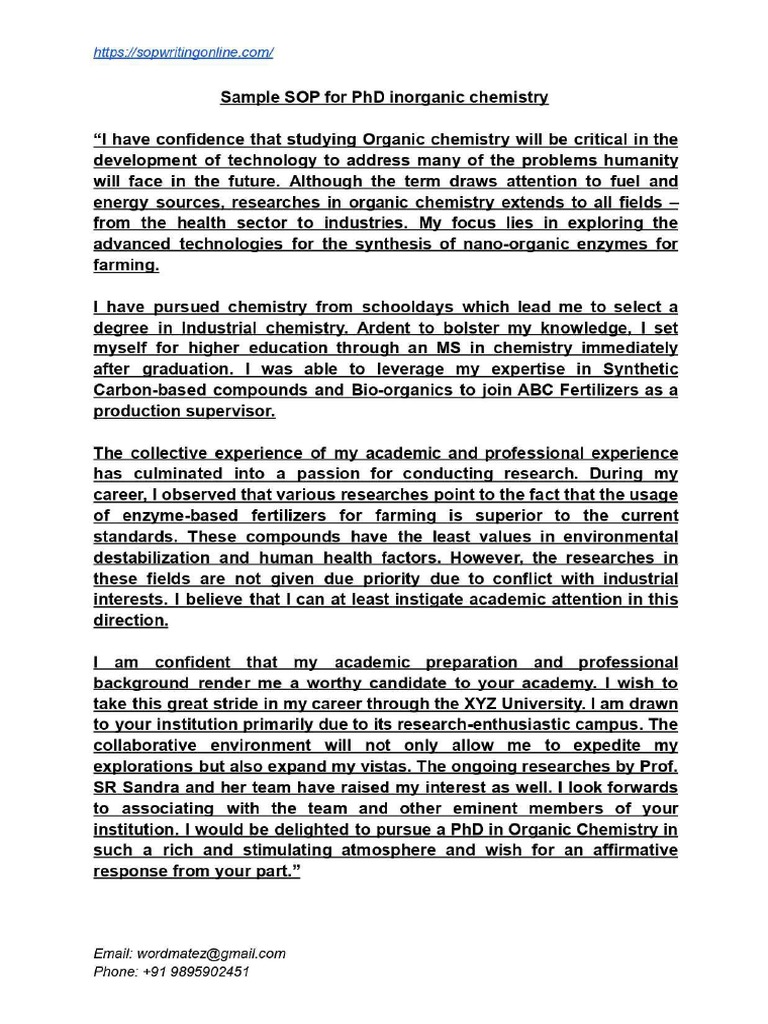 Organic Chemistry SOP Sample For PHD PDF - Page 0001 1 | PDF