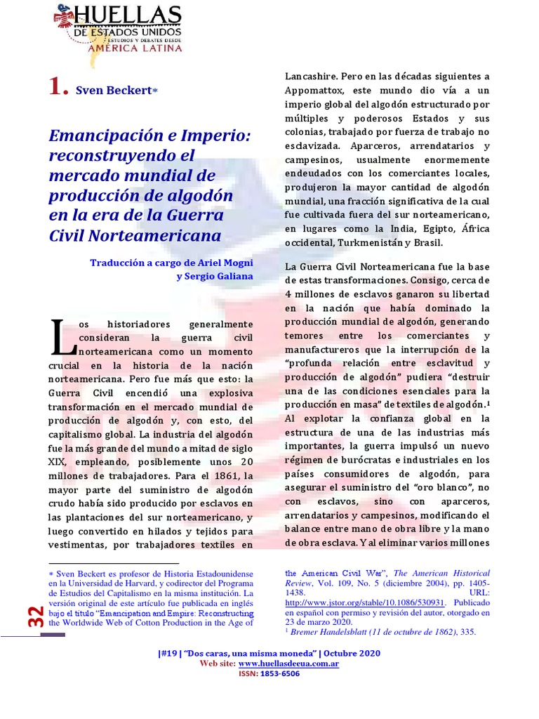 01 Sven Beckert Emancipacion Imperio | PDF | Algodón | Los Estados Unidos