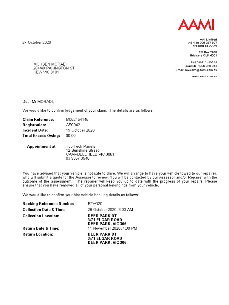 AAMI Claim Confirmation and Details | PDF