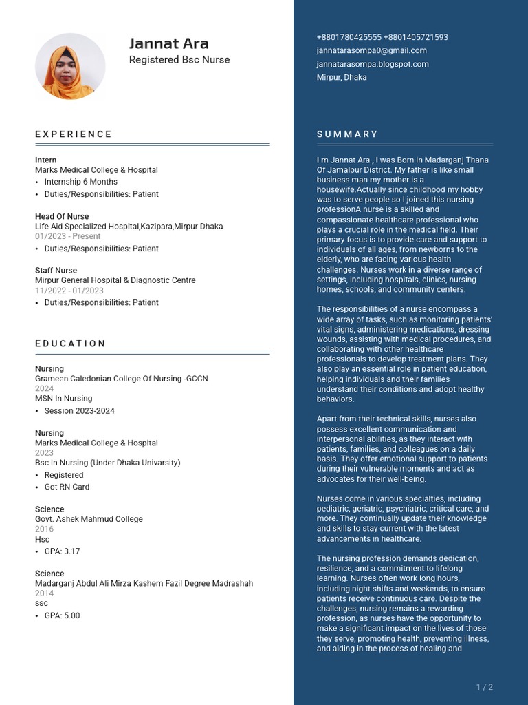 Jannat Ara - Registered Bsc Nurse (2) | PDF | Nursing | Patient