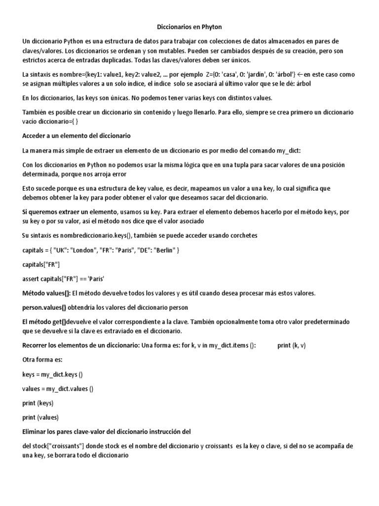 Diccionarios en Python: Guía Completa | PDF | Python (lenguaje de ...