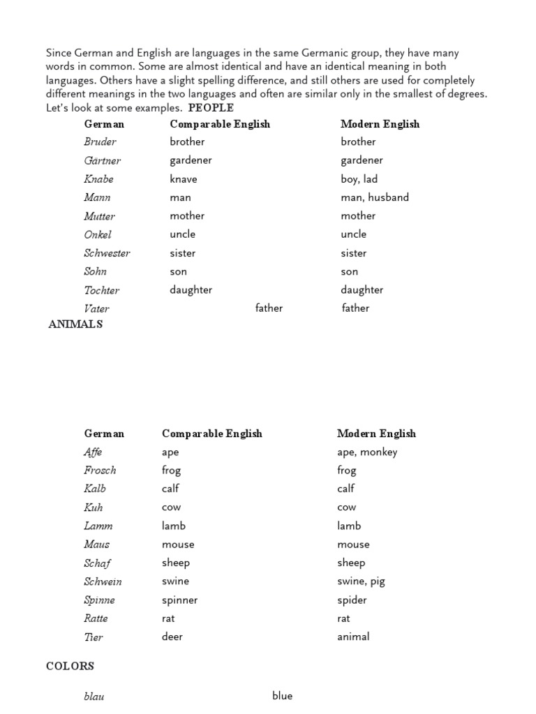 German-English Cognates Overview | PDF | Mammals | Domesticated Animals