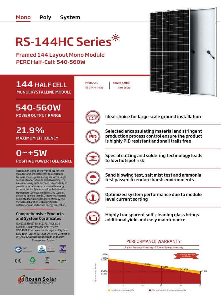 Solar Panels RS-144HC Mono 182mm 540-560W | PDF | Solar Panel ...