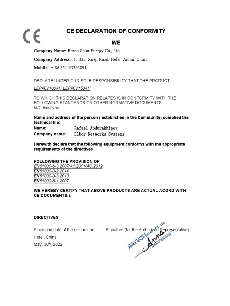CE Declaration For Battery | PDF | Computers