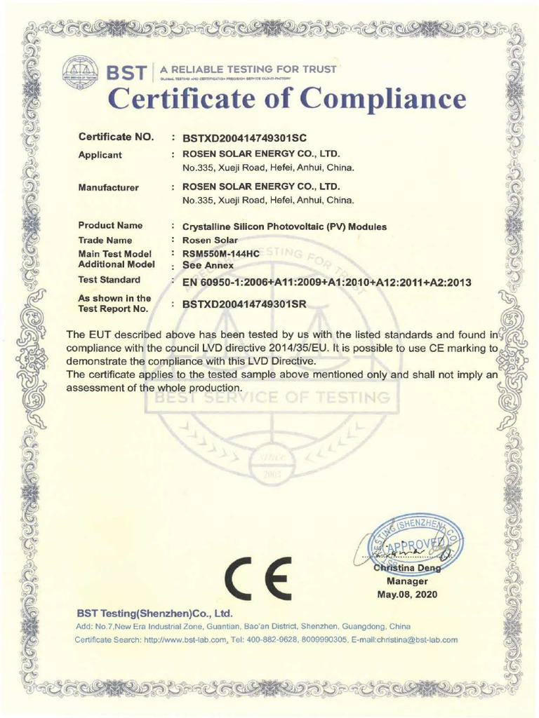 Rosen Solar panel CE-LVD certification | PDF