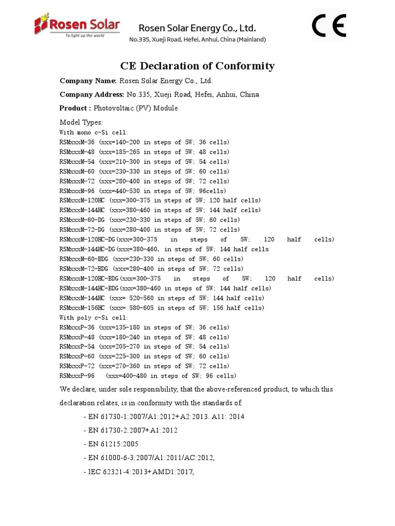 CE Declaration of Conformity-Solar Panel | PDF