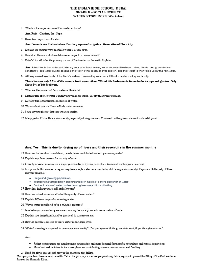 Water Resources -Worksheet | PDF