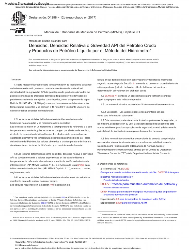 Análisis Gravedad API Del Crudo ASTM D1298.10558 | PDF