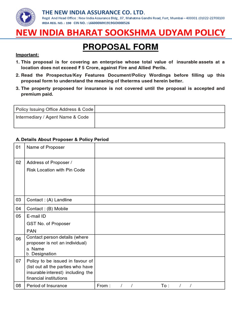 New India Bharat Sookshma Udyam Policy: Proposal Form | PDF | Insurance ...
