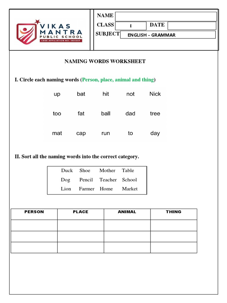 Grammar - Naming Words - Worksheet - 1689852992437 | PDF