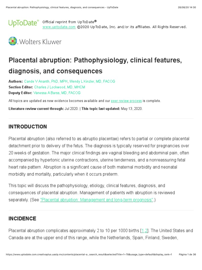 Placental Abruption Pathophysiology, Clinical Features, Diagnosis, and Consequences - UpToDate | PDF