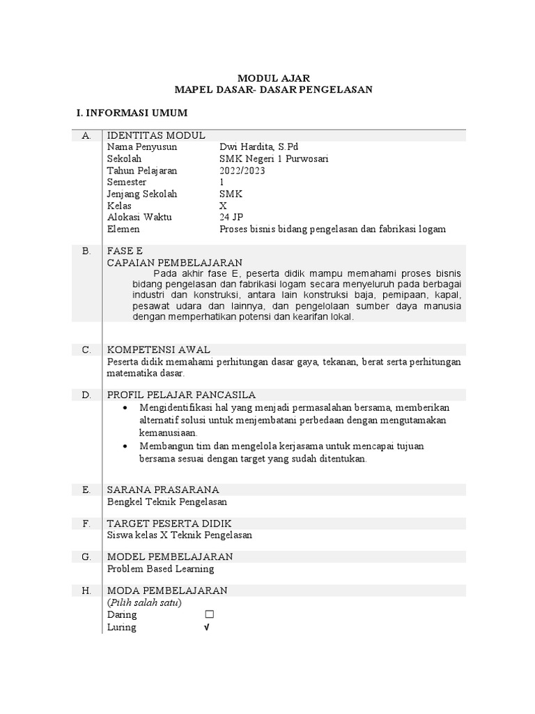 Modul Ajar Teknik Pengelasan | PDF | Seni | Teknologi & Rekayasa