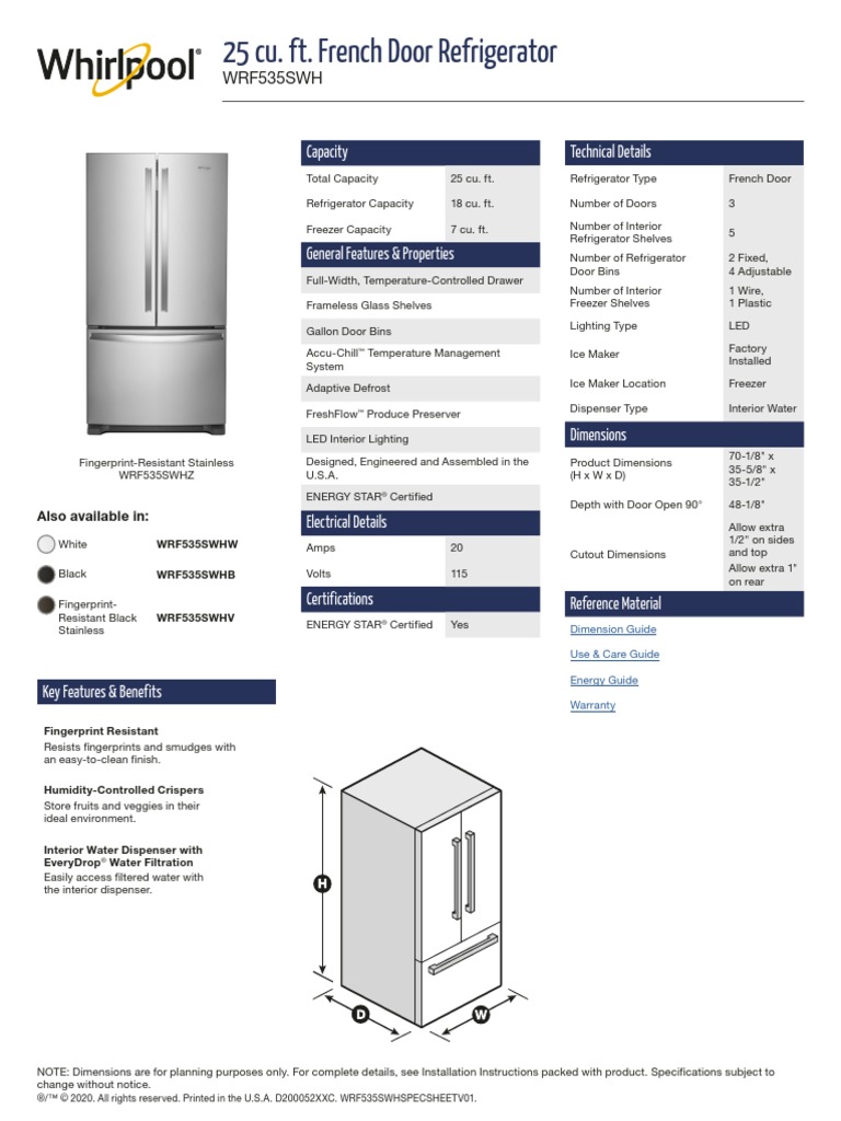 Specification Sheet Wrf535swhspecsheetv01 | PDF | Refrigerator | Materials