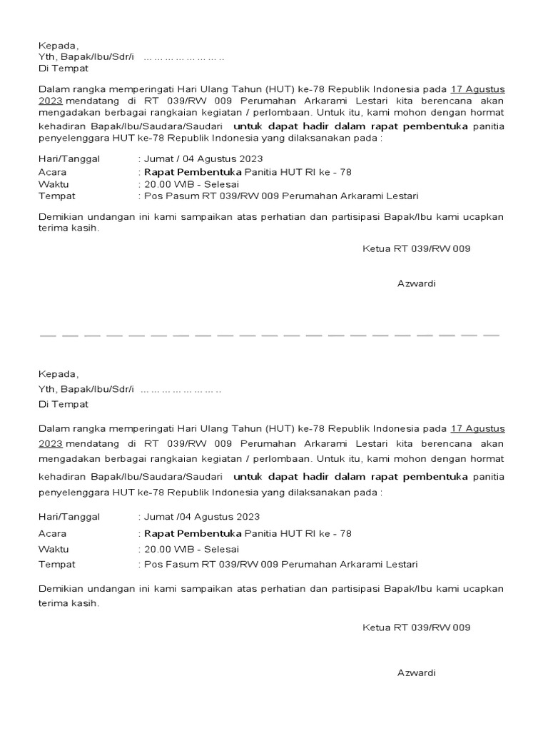 Surat Undangan Rapat RT 17 Agustus | PDF