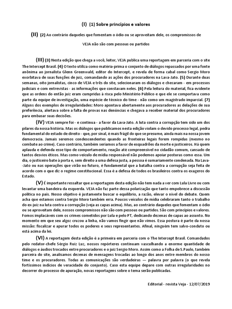 Editorial - Revista Veja - Sobre Princípios e Valores | PDF