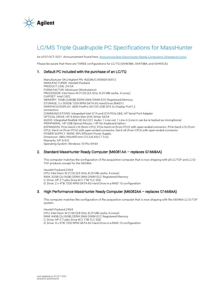 Triple Quadrupole LCMS PC Specifications | PDF | Hewlett Packard | Personal Computers