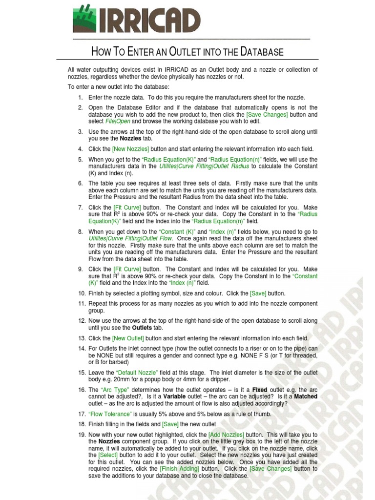 Add Outlet to IRRICAD Database | PDF | Database Index | Data