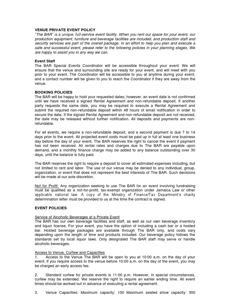 Bar Venue Event Policies and Guidelines | PDF