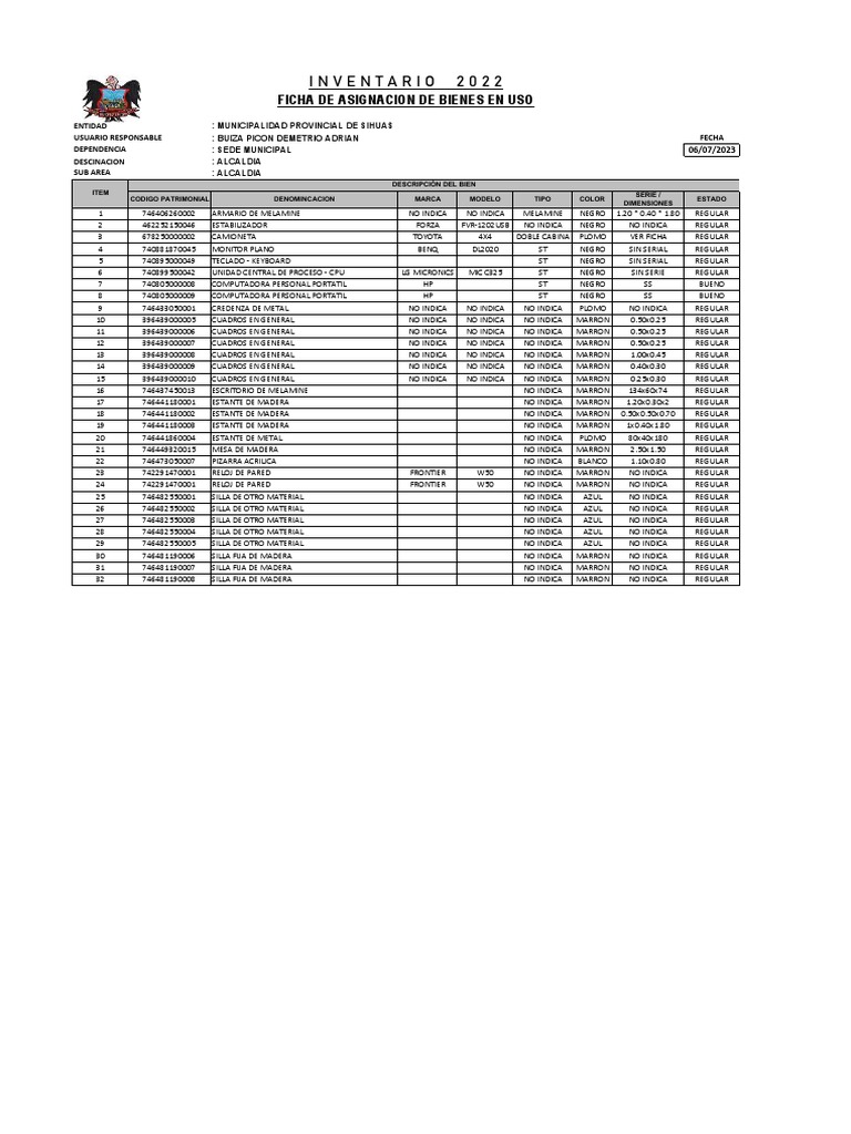 Inventario 2022: Bienes Municipales Sihuas | PDF | marrón | Electrónica de consumo