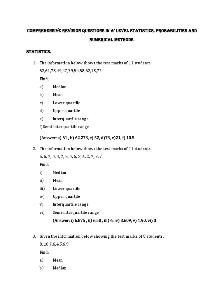 A-Level Statistics Revision Questions | PDF | Analysis | Sampling ...