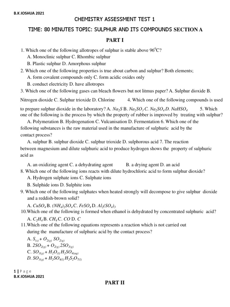 S.3 Chem Assessment Test 3 On Sulpphur & Its CPDS PDF | Download Free ...