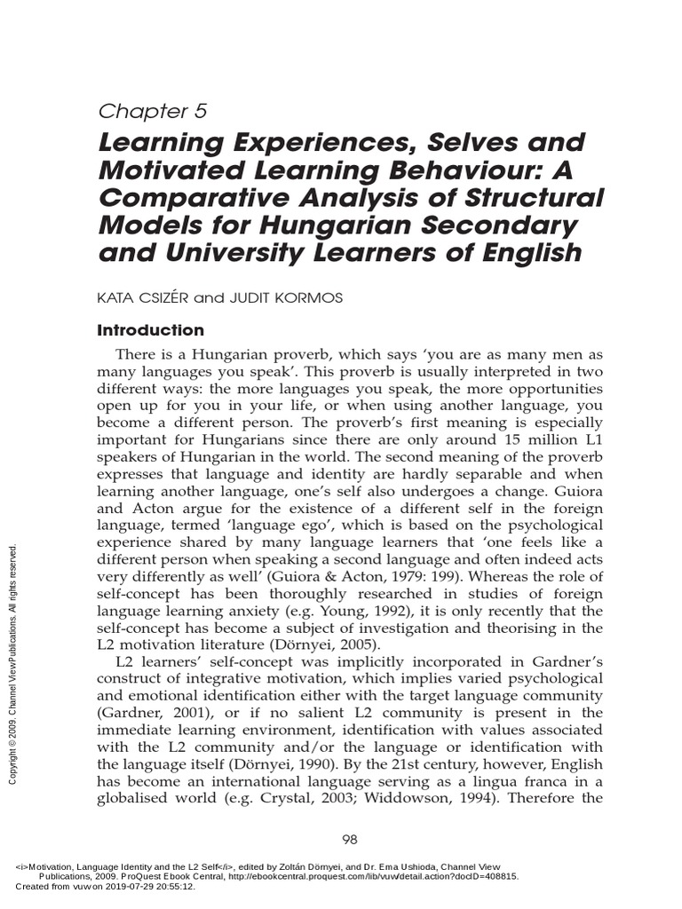 Motivation Language Identity and The L2 Self - (Chapter 5 Learning Experiences Selves and ...