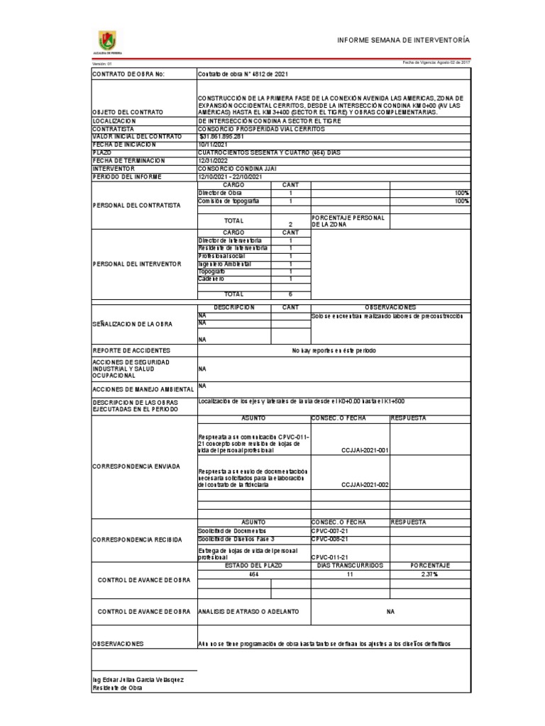 Informe Semanal Interventoria 01 | PDF
