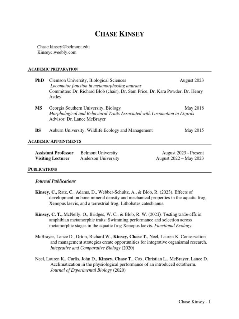 Chase Kinsey CV | Download Free PDF | Animal Locomotion | Frog