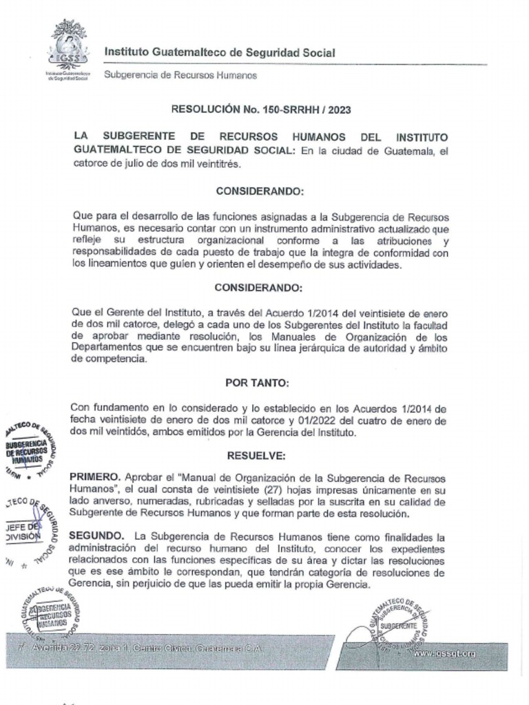 Resolucion 150 SRRHH 2023 Subgerencia de Recursos Humanos IGSS | PDF