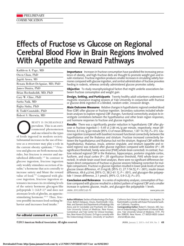 Effects of Fructose Vs Glucose On Regional Cerebral Blood Flow in Brain Regions Involved With ...