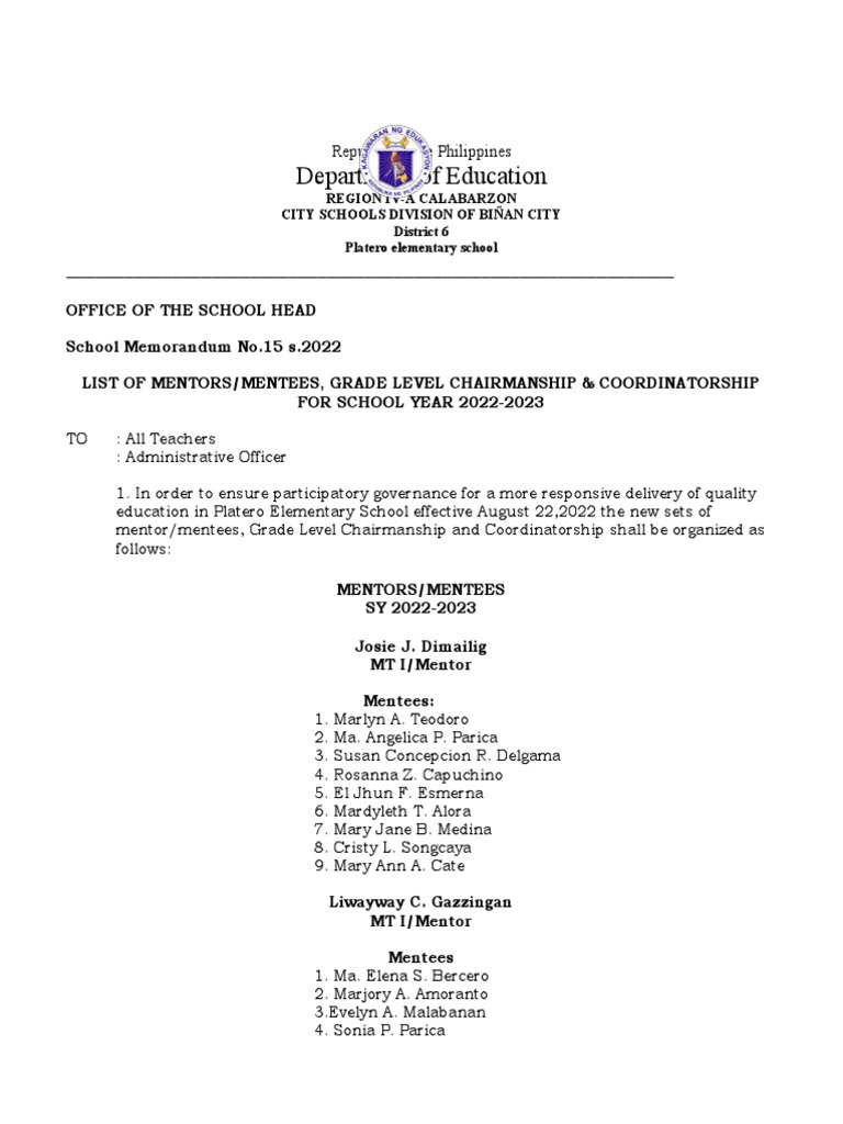 School Memorandum On Mentor Mentees Grade Level Chairmanship and ...