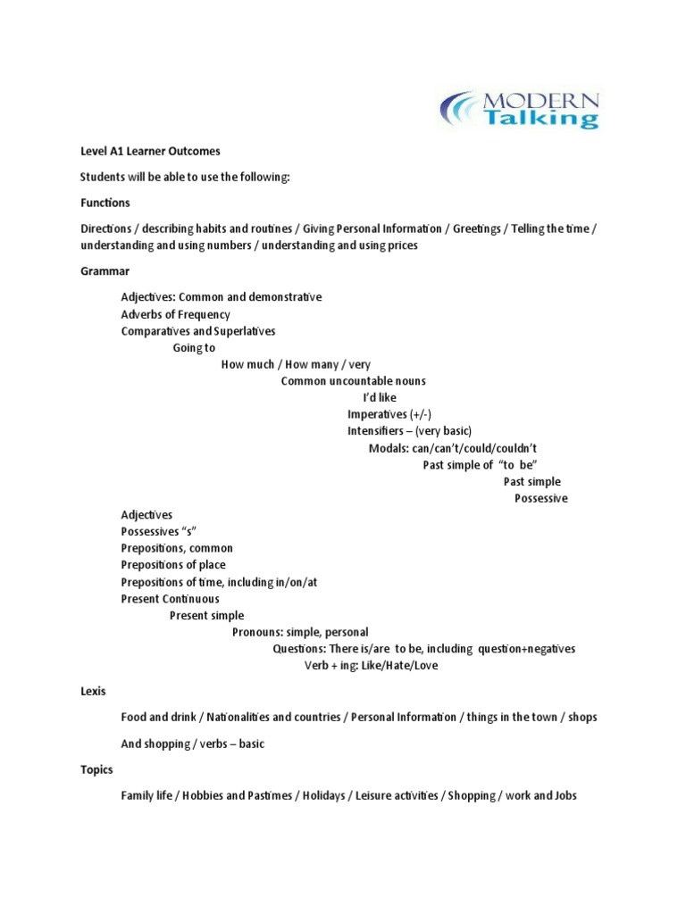 Level A1 A2 B1 B2 C1 Learner Outcomes | PDF | Verb | Adjective