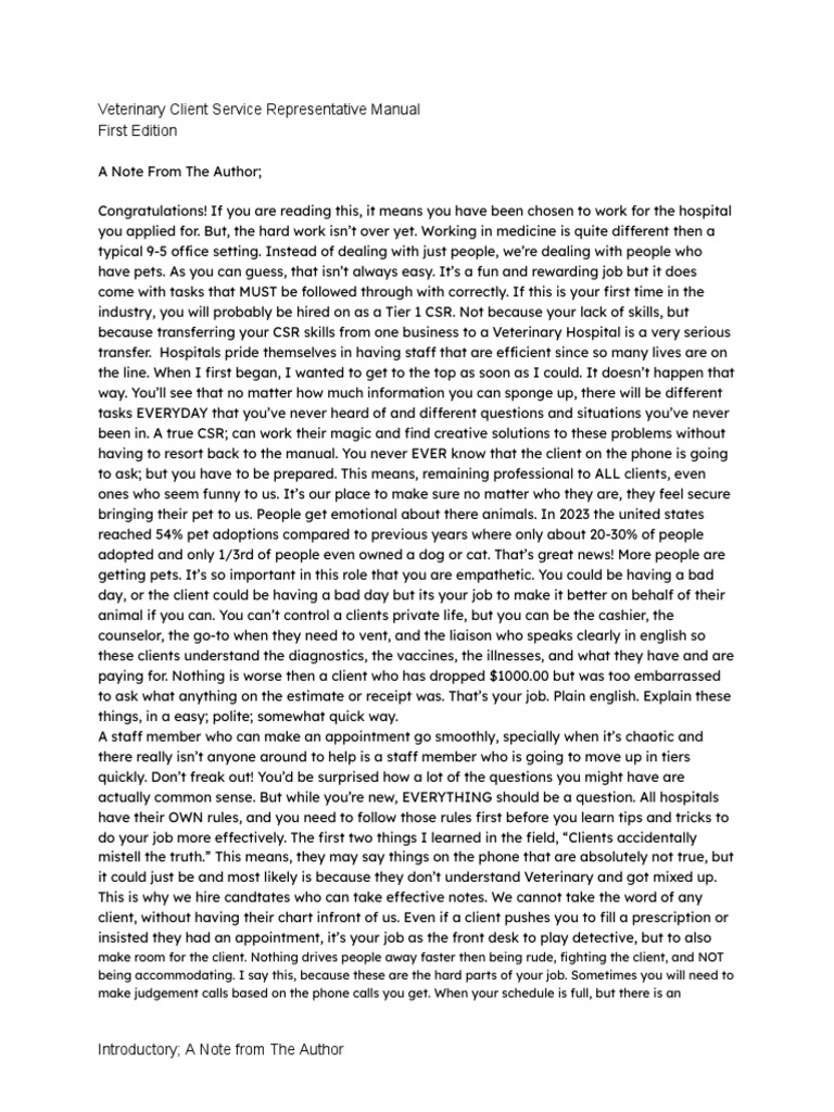 Veterinary Client Service Representative Manual | PDF | Career & Growth