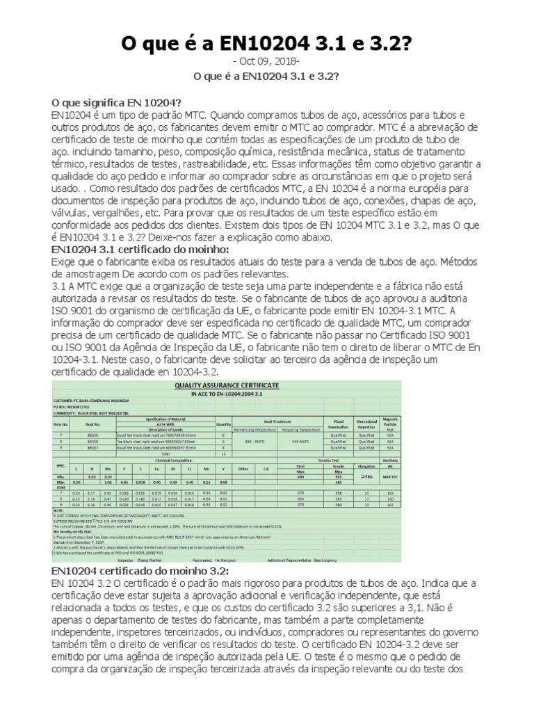 Diferenças entre EN 10204 3.1 e 3.2 | PDF