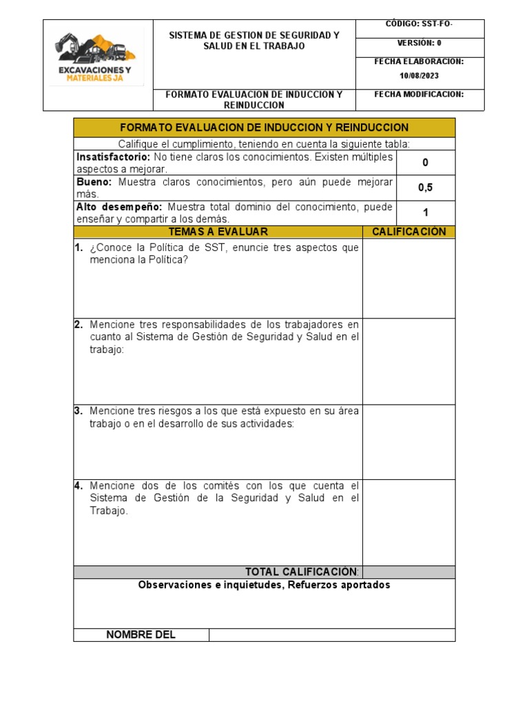 Formato Evaluacion Induccion y Reinduccion | PDF