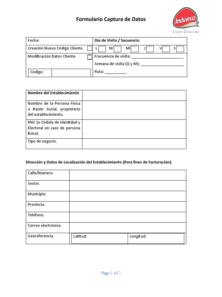 Formulario Captación de Datos Cliente (GrupoSid) - Induveca | PDF