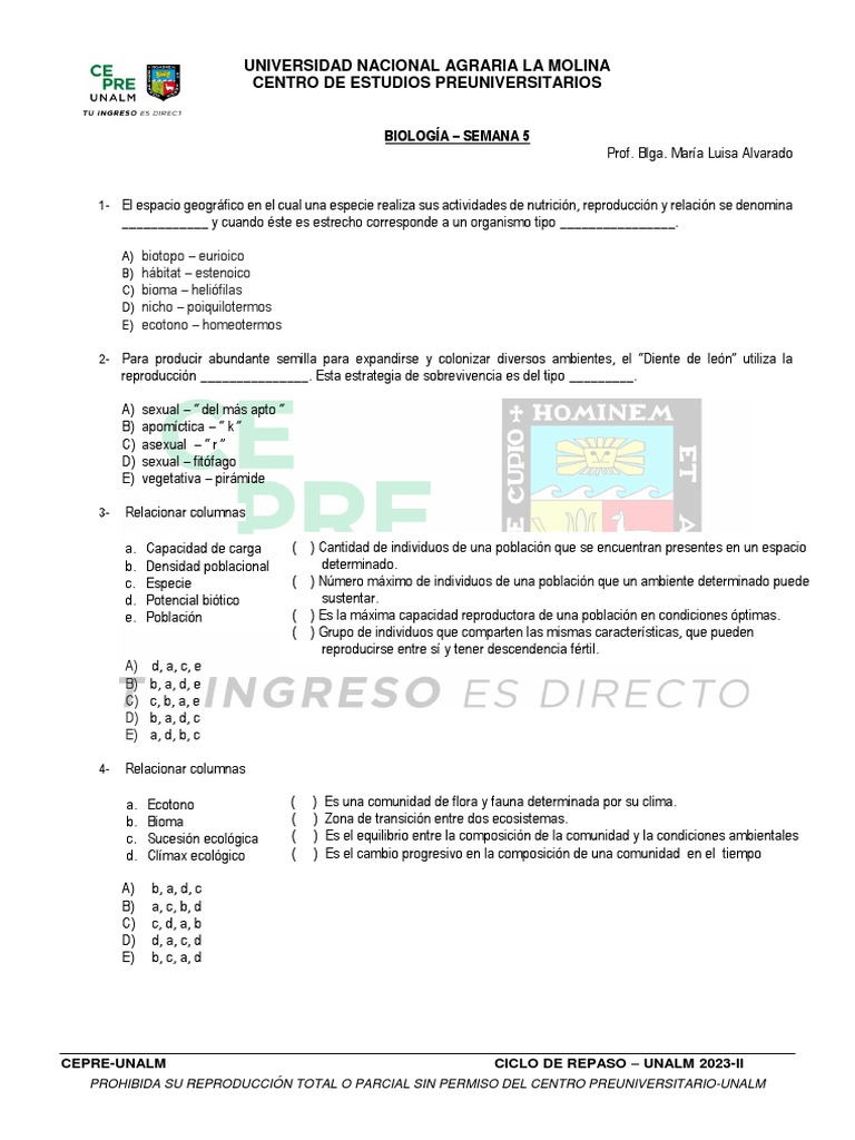 Bio - Semana 5 - Ciclo de Repaso Unalm 2023-II - C. López LM - Básico ...