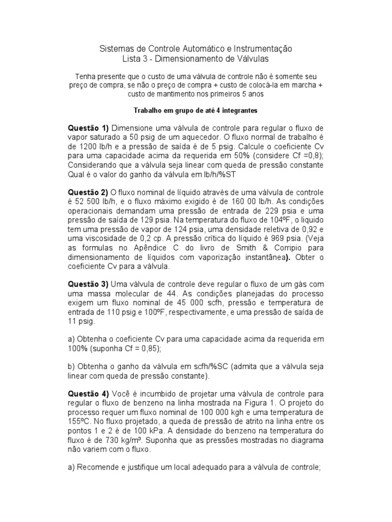 Lista03 TEQ00103 Válvulas Dimensionamento 1sem18 | PDF | Pressão | Natureza