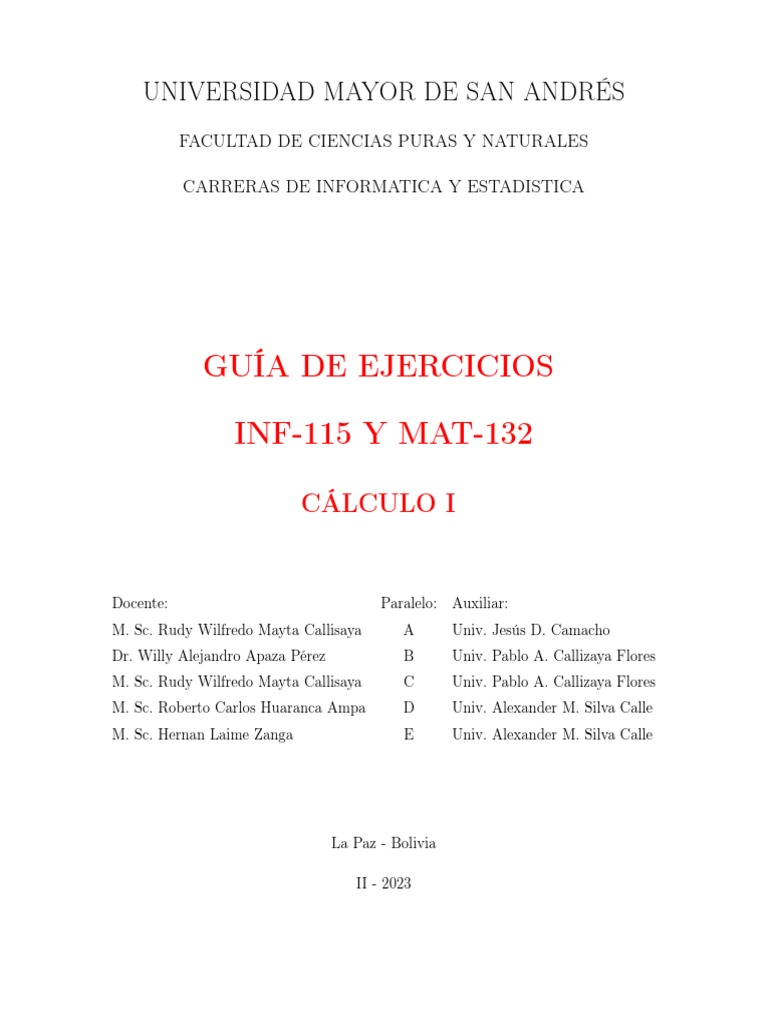 Guia de Ejercicios INF-115 y MAT-115 CalculoI | PDF | Integral | Derivado