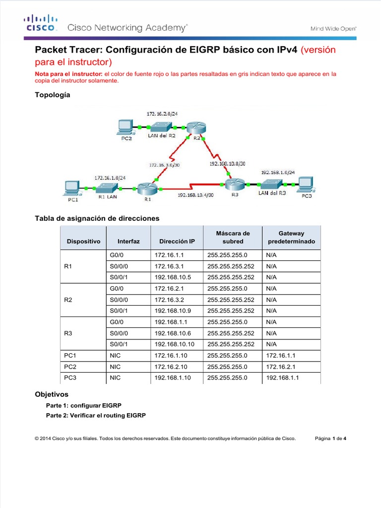 7.2.2.4 Packet Tracer Configuring Basic Eigrp With Ipv4 Instructions Ig | PDF