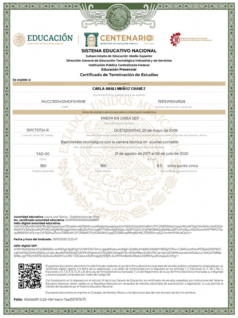 CERTIFICADO BACHILLERATO ELECTRONICO 7t86e56e | PDF