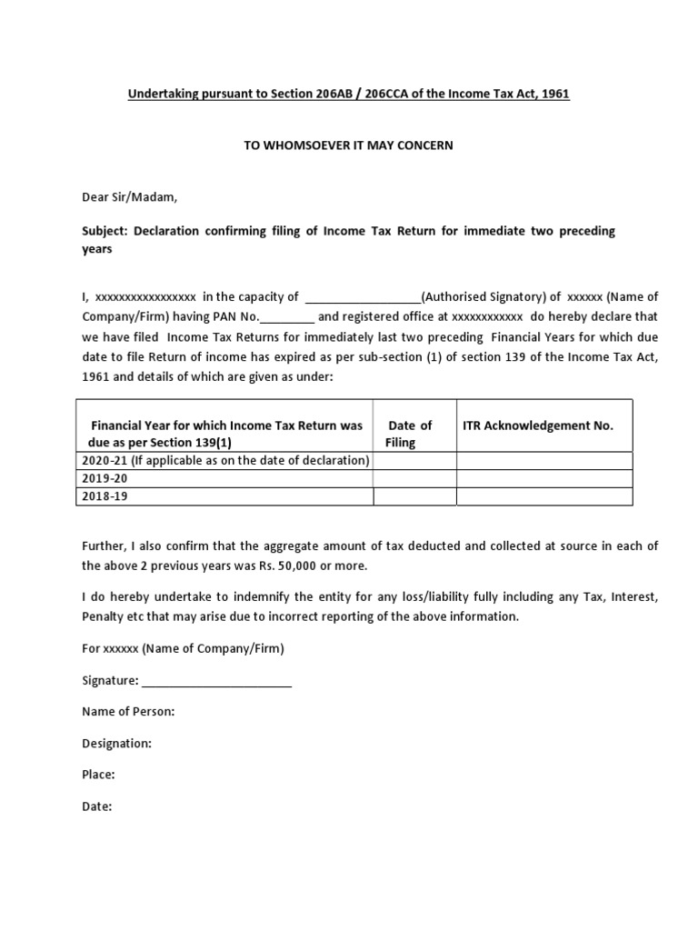 Undertaking for Income Tax Compliance | PDF