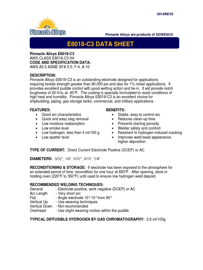 Pinnacle Alloys E8018 C3 | PDF | Construction | Welding